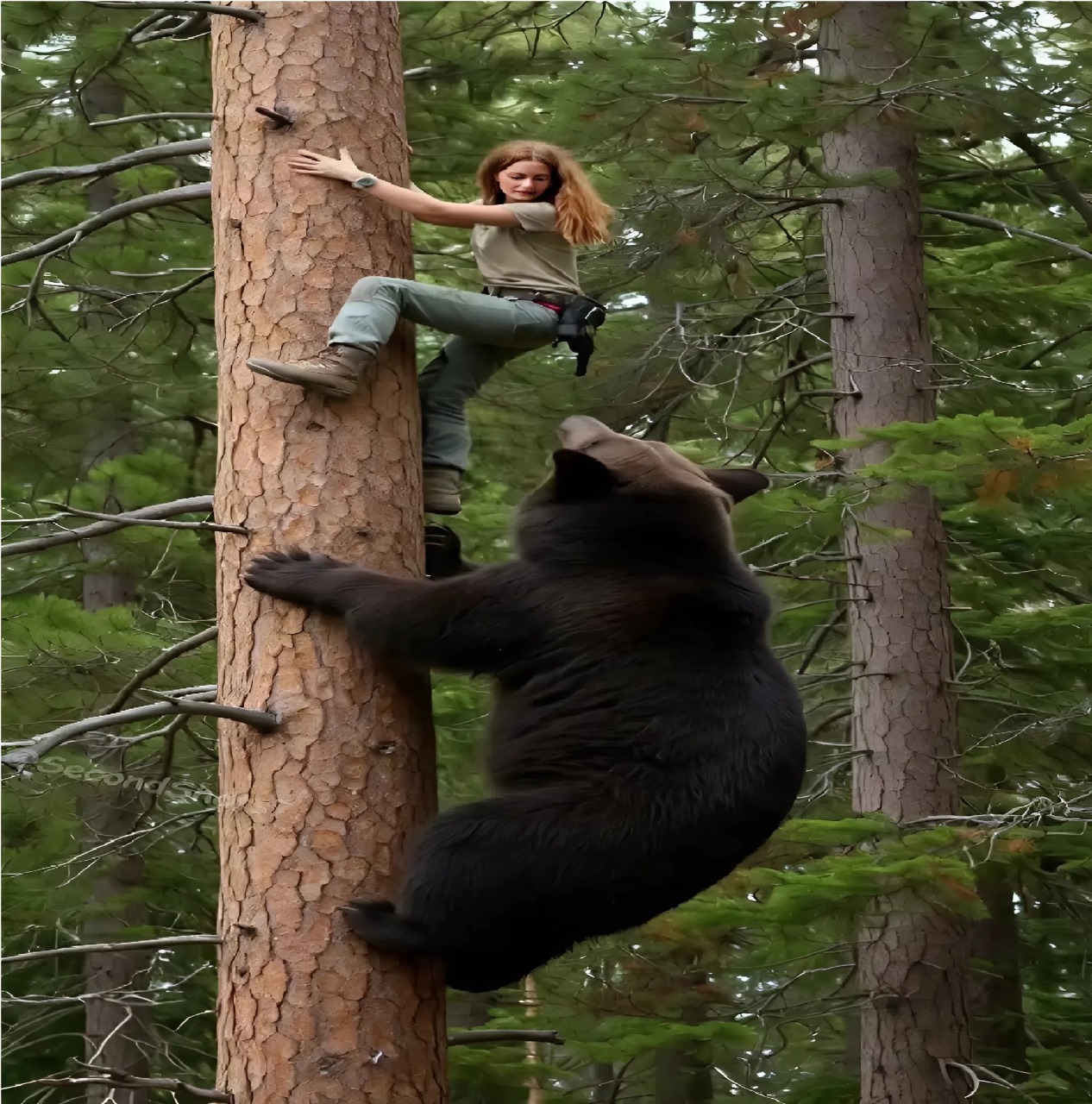 Une femme coincée dans un arbre, un ÉNORME OURS en bas… qui commence à ...